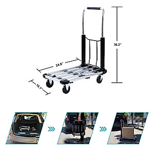 LEADALLWAY Foldable Push Cart Aluminum Alloy Platform Cart with 4-Wheel,Adjustable Length,330-LB Capacity(with 2 Ropes)