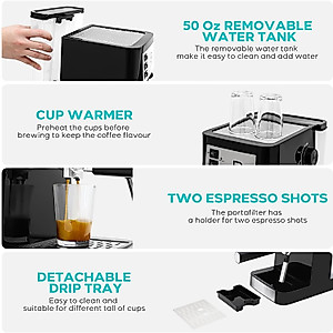 CASABREWS 20 Bar Espresso Machine, Coffee Maker with Steam Milk Frother, Professional Espresso Maker and Cappuccino Machine with 50oz Removable Water Tank, Gift for Men Women