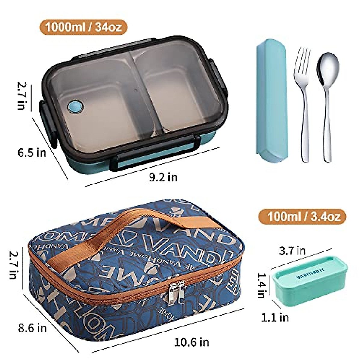 YBOBK HOME Portable Thermal Bento Lunch Box, 2 Compartments Divided Lunch Container For Adult To Work, 18/8 Stainless Steel Leak-Proof Food Container With Insulated Bag & Sauce Box (Blue 34oz)