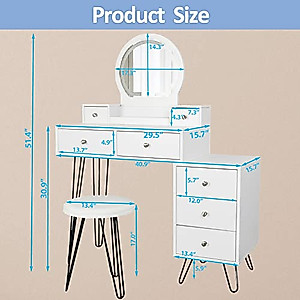 Fameill Makeup Vanity Desk with Lighted Mirror,White Vanity Table Set with Round Mirror,3 Color Touch Screen Dimming Mirror,7 Drawers Bedroom Dressing Table with Soft Cushioned Stool