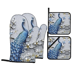 Beautiful Peacock Oven Mitts and Pot Holders,High Heat Resistant,Non-Slip Surface Soft Inner Lining for Cooking Baking