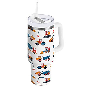 ARGTILDN 40 oz Tumbler Bulldozer Excavator Crane Tractor Insulated Travel Mug with Handle and Straw Lid Stainless Steel Vacuum Coffee Cup Tea Beverage Container Water Bottles for Car Sports office