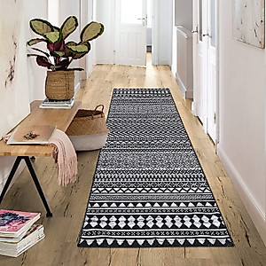 Fashionwu Machine Washable Rug 2x12 Runners for Hallway, Boho Bathroom Rug Low Pile Geometric Area Rug Black and White Rug for Entryway Non-Slip Throw Rugs for Indoor Entry Rug for Bedroom, 2x12 Feet