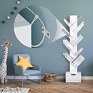 Tree Bookshelf with Wooden Drawer, 10-Tier Open Shelf Narrow Bookcase, Unique Vertical Spine Bookshelf Small Spaces, Book Shelf with Drawers Storage Organizer Shelves for Living Room, Bedroom, Library