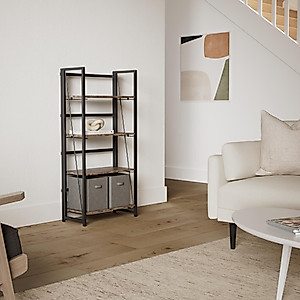 4NM No-Assembly Folding Bookshelf Storage Shelves 4 Tiers Vintage Bookcase Standing Racks Study Organizer Home Office (Rustic Brown and Black)