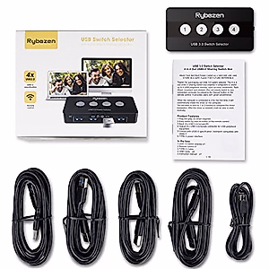 Rybozen USB 3.0 Switch 4 Ports for 4 PC 4 Inputs 4 Outputs USB Switch for Printer Keyboard Mouse Stick USB Hard Drive External Scanner, with Remote Control…