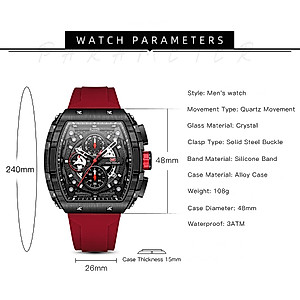 AIMES Watches for Men Fashion Hollow Tonneau Large Face Watches for Men Rectangle Luxury Work Big Dial Mens Watches Cool Analog Quartz Luminous Waterproof Wrist Watch Red Silicon Strap Dress Watch