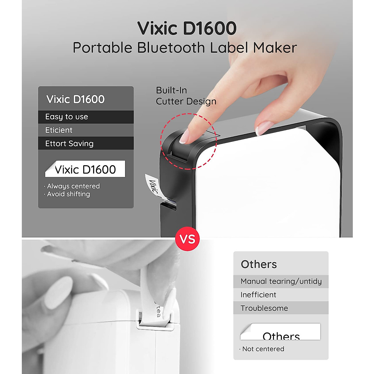 Vixic Label Maker Machine D1600, Portable Bluetooth Label Maker and Printer, Mini Sticker Labeler Compatible with Android & iOS Phone for organizing, Easy to Use Inkless Rechargeable, White-Black