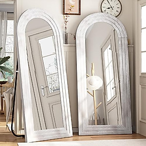 ZHUNFA Arched Full Length Mirror with Solid Wood Frame, 65x22 Farmhouse Wall Mirror Full Length with Stand, Rustic White