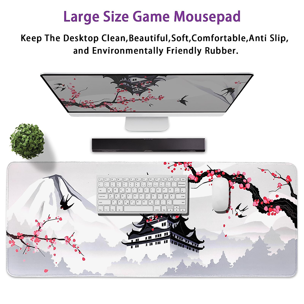 Japanese Cherry Blossom Gaming Mouse Pad 31.5x11.8in Pink Full Desk Japanese Sakura Gaming Mouse Pad Large Non-Slip Rubber Base Waterproof Big Keyboard Mat with Stitched Edges for Gaming Office