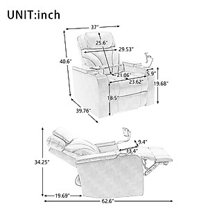 Leather Recliner Chair Power Electric Recliners with Cup Holder and Tray for Adults Theater Seating with USB Charging Port Single Reclining Chair with Hidden Arm Storage for Living Room, Gray
