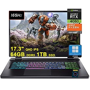Acer Nitro 17 Gaming Laptop | 17.3'' QHD IPS 165Hz | AMD 8-core Ryzen 7 7840HS (>i7-11800H) | 64GB DDR5 1TB SSD | GeForce RTX 4060 8GB Graphic | RGB Backlit USB-C Win11Pro Black + 32GB MicroSD Card