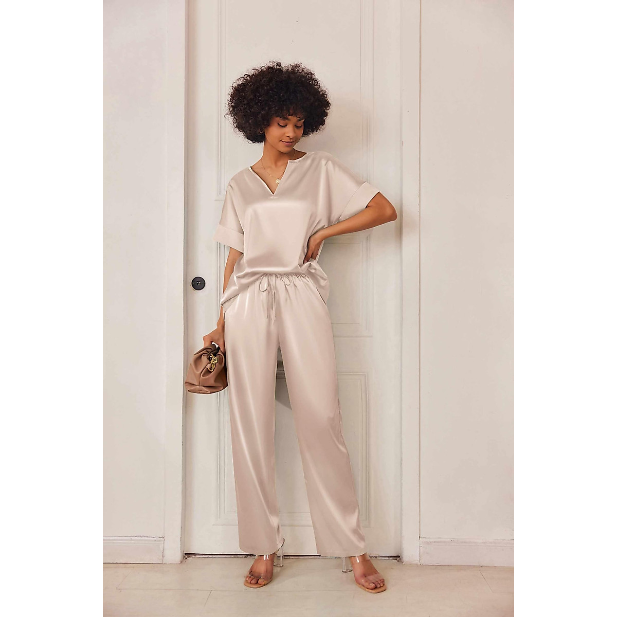 Ekouaer Satin Pajama Set Womens Silk Short Sleeve V Neck Shirt with Long Pant Soft Loungewear Pjs Set Champagne