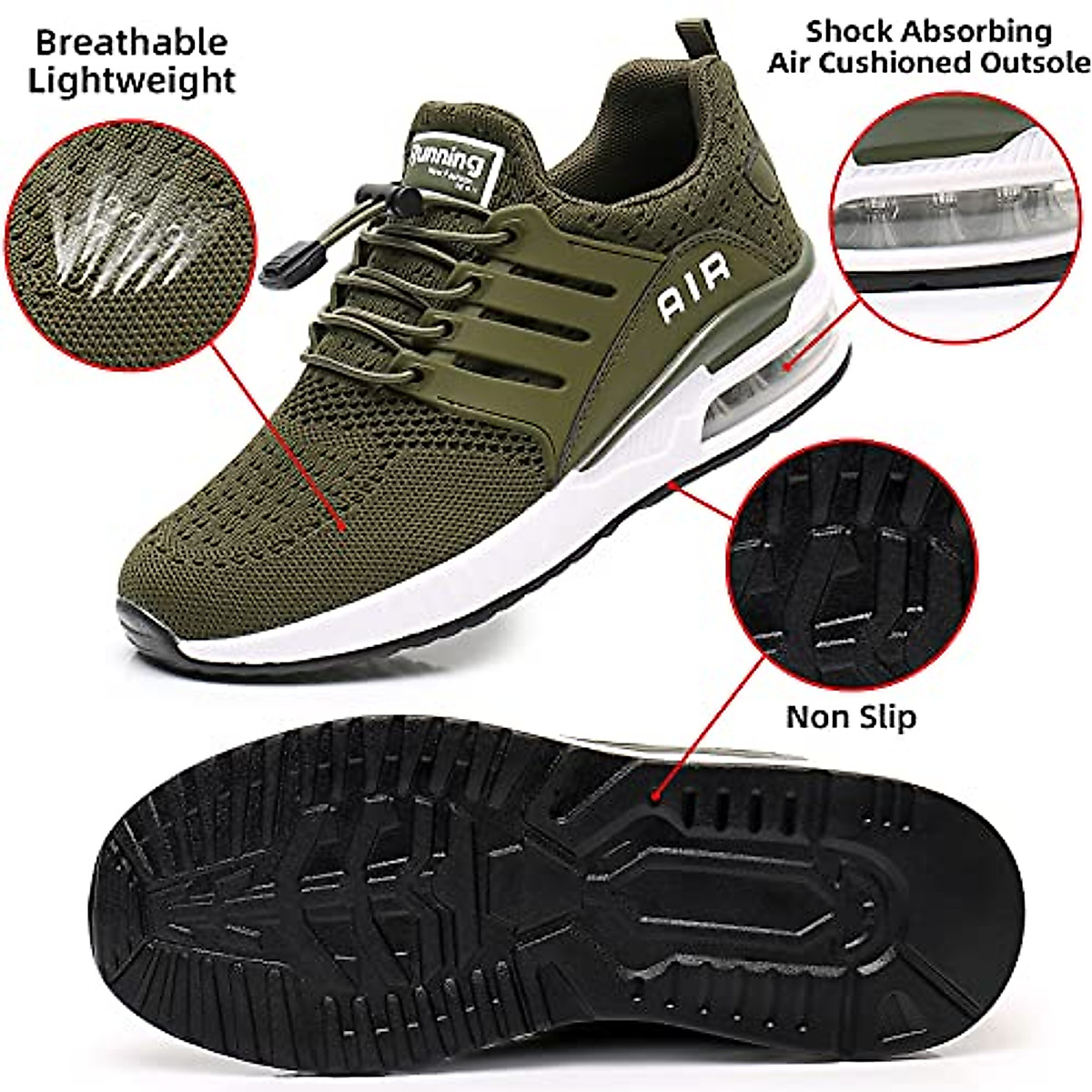 BOGOVER Men's Walking Shoes Non Slip Running Tennis Shoes Breathable Lightweight Air Cushion Sneakers for Tennis Gym Jogging (Green, Numeric_10.5)