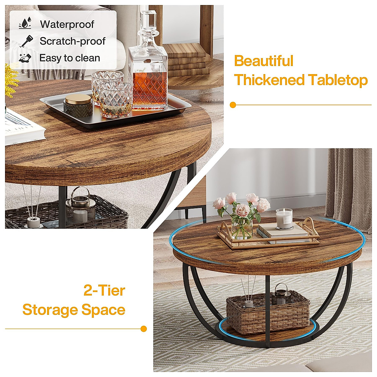 Tribesigns Round Coffee Table, 31.7" Wooden 2-Tier Circle Coffee Table with Storage Shelves, Modern Accent Cocktail Table Center Table for Living Room, Rustic Brown