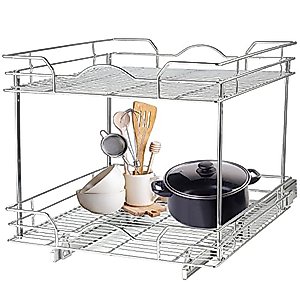 OCG 2 Tier Slide Out Cabinet Organizer 11" W x 21" D, Heavy Duty Pull Out Cabinet Shelves, Sliding Drawer for Cabinet , Chrome Plated