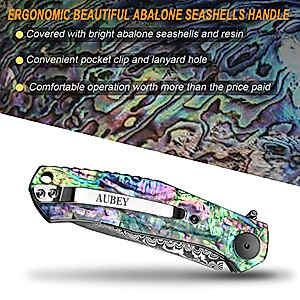AUBEY Damascus Pocket Knife for Men Women, 3.23 inch Blade of EDC Hunting Knives with Abalone Shell Handle, Ball Bearing, Liner Lock - Sharp Damascus Steel Knife with Clip, Gift for Camping