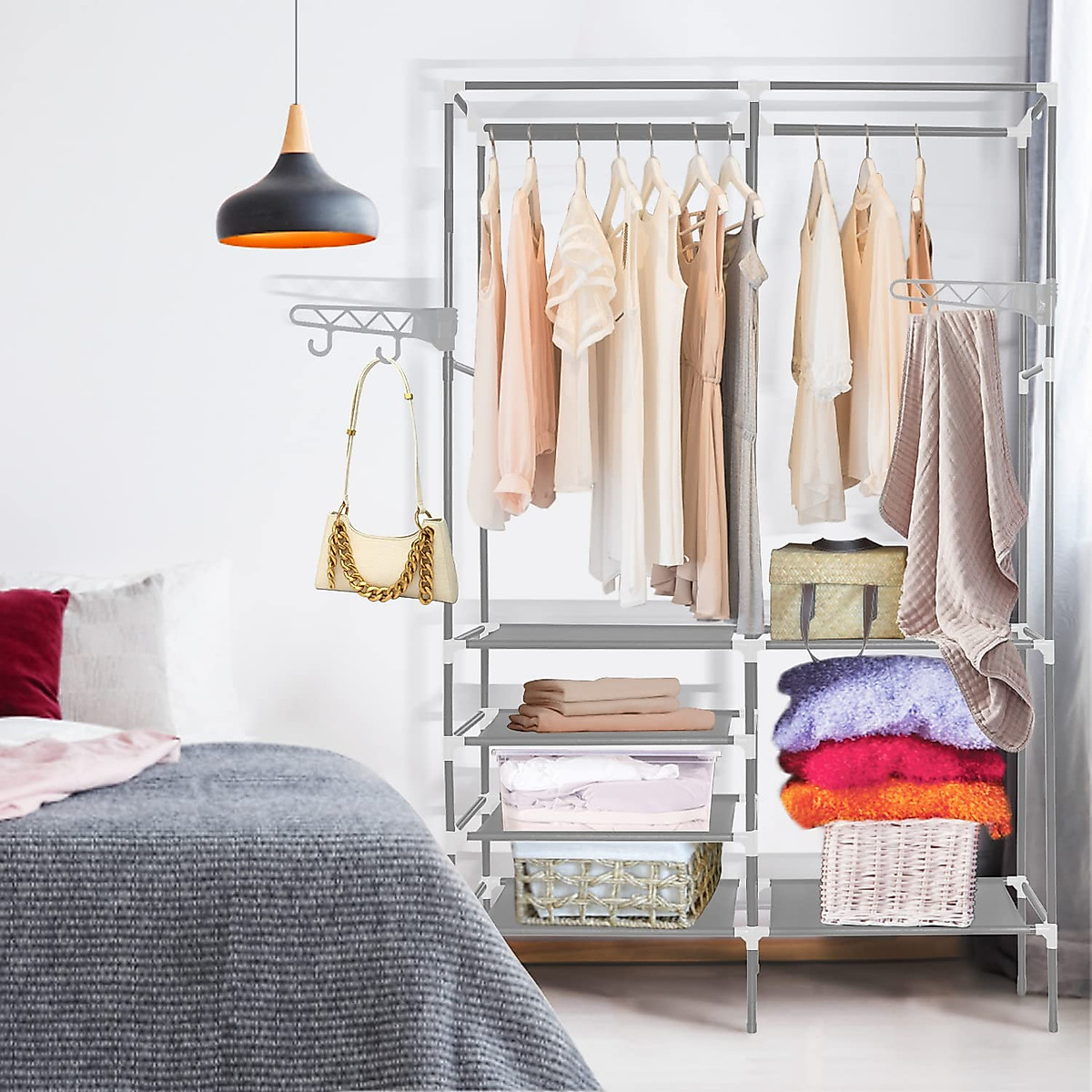 Garment Freestanding Clothes Organizer Closet, Metal Hanging Storage Organizer Rack Wardrobe with Shelves& Hanging Rods,Clothes Hanger Organizer (Grey)