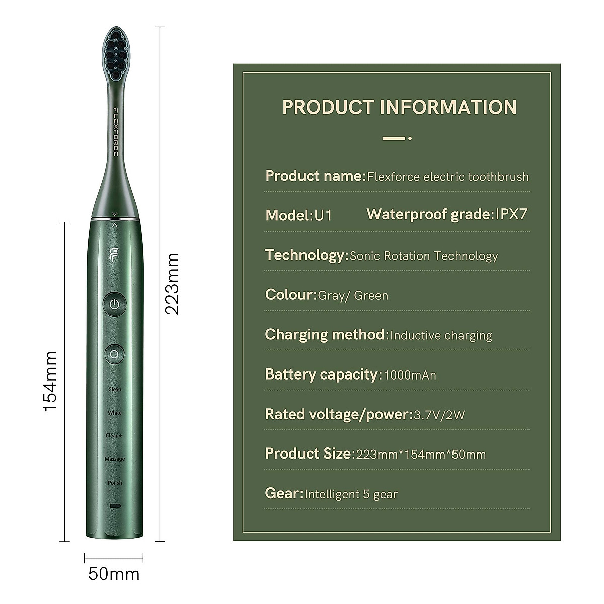 Flexforce Electric Toothbrush Adult, Rotating, Whitening Teeth Without Hurting Gums, 4 Replacement Toothbrush Heads, 1 Travel Box, 1 Dental Floss, Inductive Rechargeable, 5 Cleaning Modes, Green