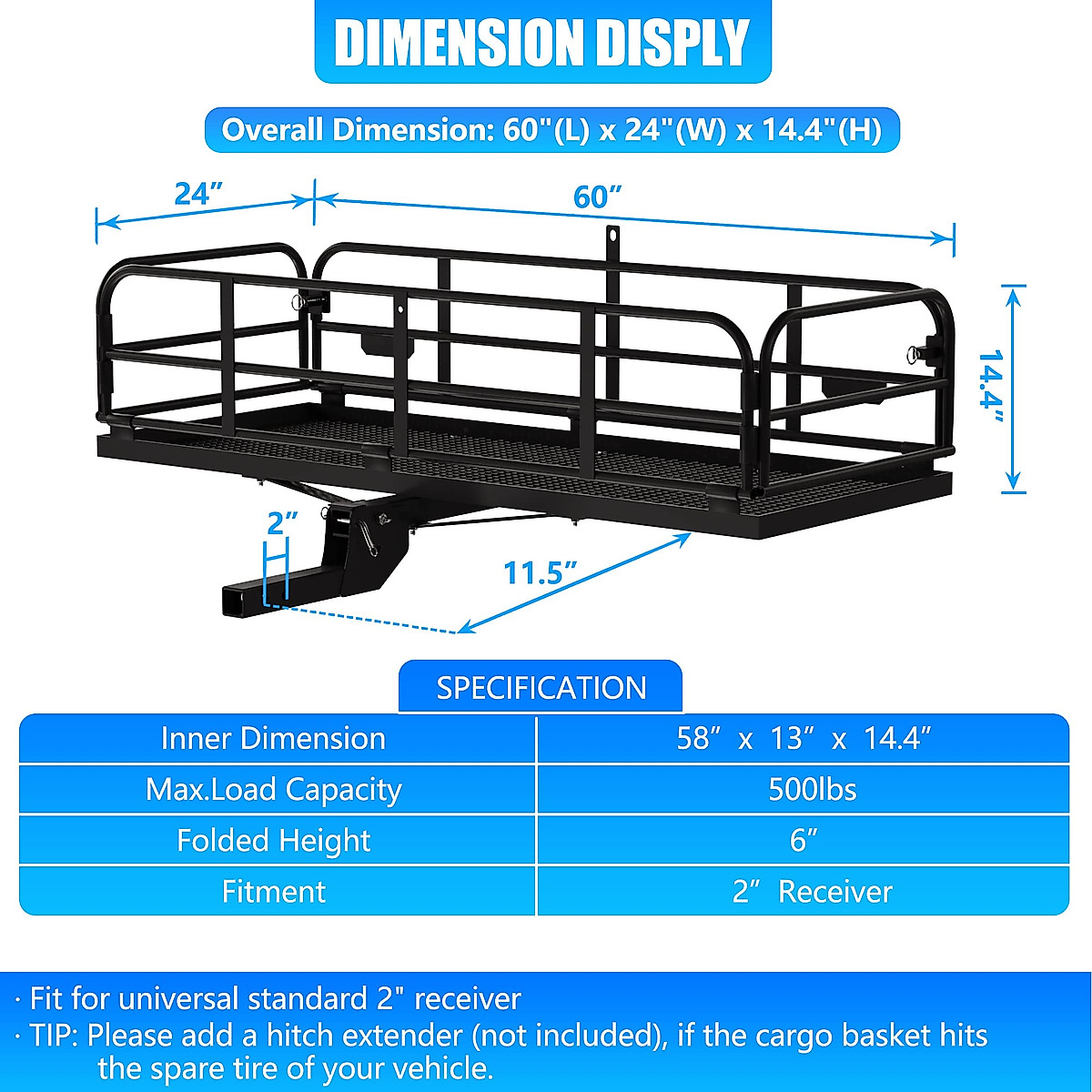 KAIRAY 500 Lbs Heavy Duty Hitch Mount Cargo Carrier 60"x24"x14.4" Folding Rear Luggage Rack Basket Fits 2" Receiver for Car SUV Camping Traveling with Stablizer Waterproof Bag Net Ratchet Straps Lock