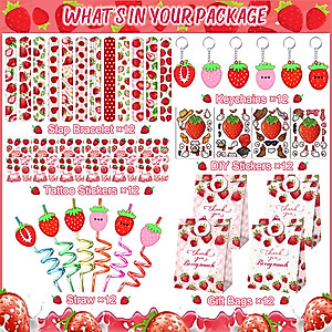 Strawberry Party Favor 72 PCS Sweet Berry Slap Bracelets DIY Stickers Temporary Tattoos Keychain Plastic Straws Gift Bags for Kids Girls Birthday Party Baby Shower Summer Fruit Goodie Bag Fillers