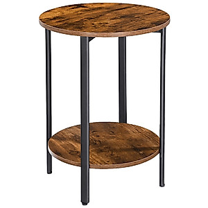 RokiaTek Round Sofa Side End Tables 2-Tier Industrial Bedside Nightsand Tables Steel Frame MDF Top, Easy Assembly for Small Spaces Living Room Bedroom Balcony, Matte Black and Rustic Brown