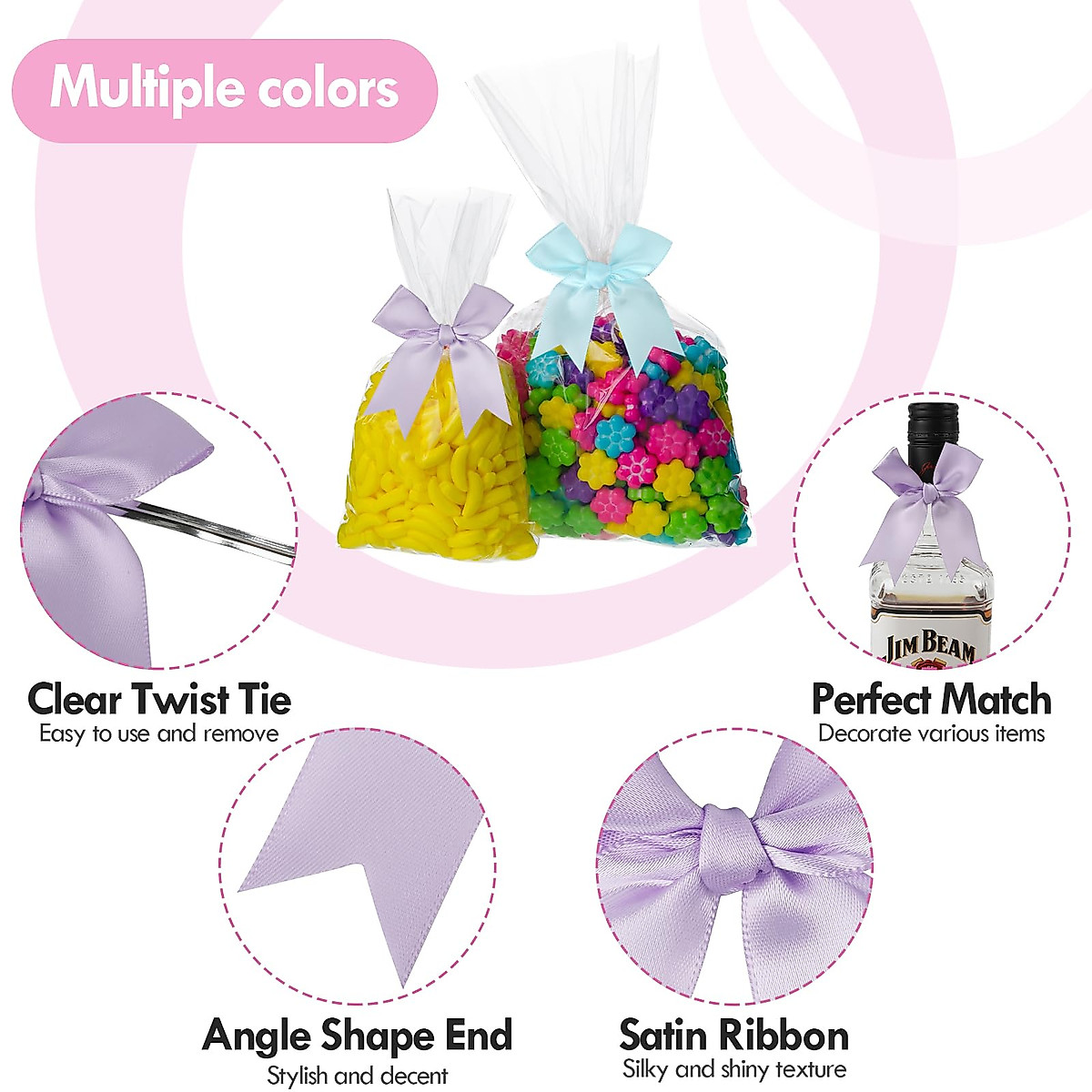 Twist Tie Bows, Satin Ribbon Bows - 3 Inches, 50-Pack for Treat Bags Gift Wrapping Basket Crafts Wedding Baby Shower Brithday Christmas Party Decorations (Pink)