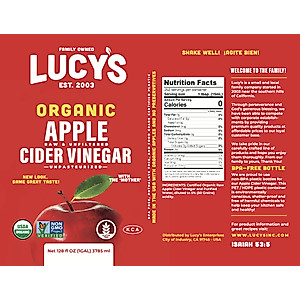Lucy's Family Owned - USDA Organic NonGMO Raw Apple Cider Vinegar, Unfiltered, Unpasteurized, With the Mother, (Gallon)
