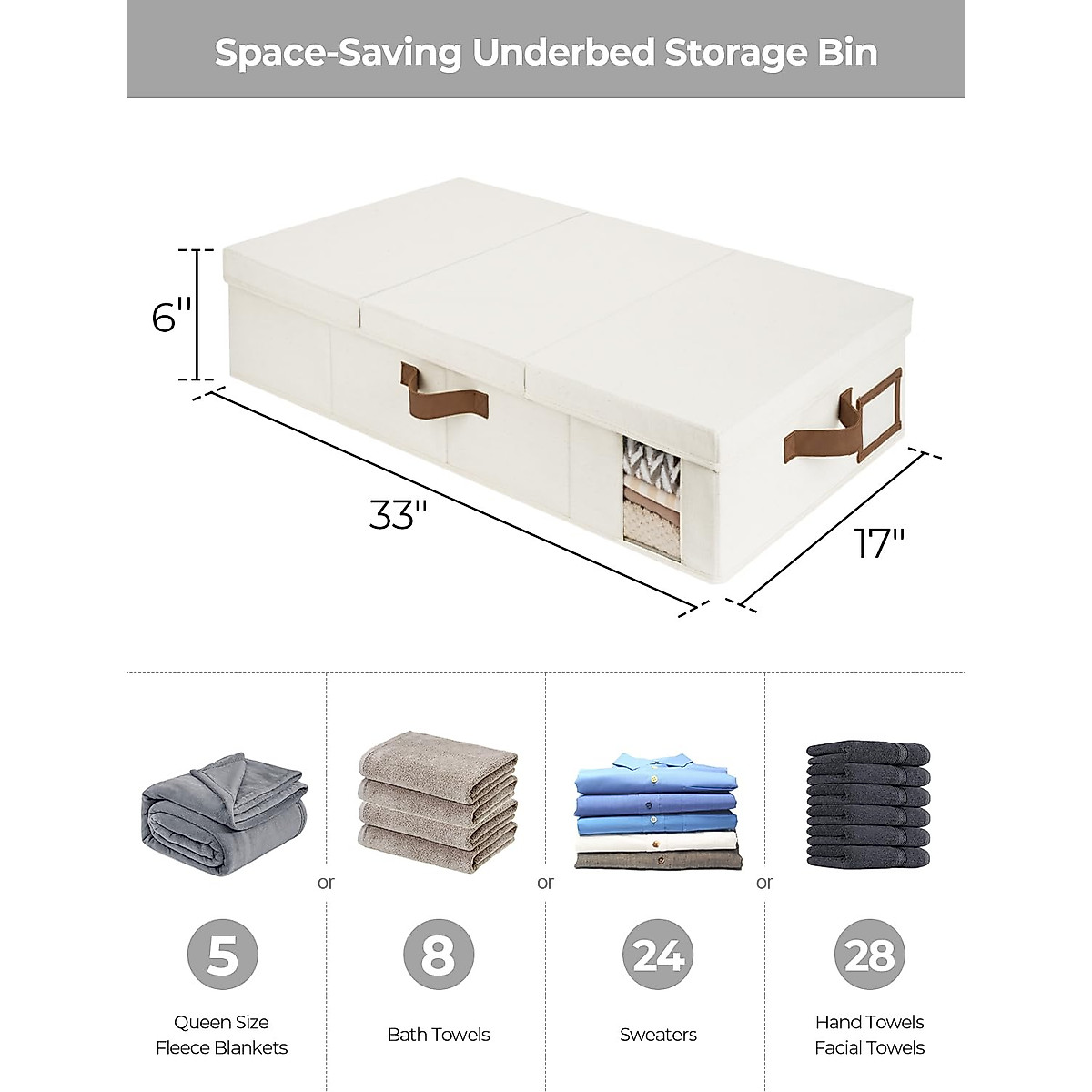 StorageWorks Under Bed Storage with Lid, Underbed Storage Containers with Handles, Underbed Organizer for Bedroom, Foldable Clothing Storage Bins, Box for Blankets, Large, Beige, 2-Pack