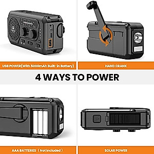 Emergency Radio, TENROOP Upgraded 5000mAh Solar Hand Crank Weather Radio for Hurricane, 4-Way Powered AM/FM/NOAA Weather Alert Portable Radio with Flashlight, Reading Lamp, Power Bank, SOS Alarm-Black