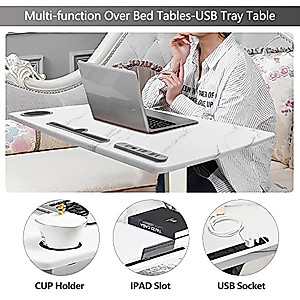BeGyoku Overbed Table,Hospital Bed Table,Pneumatic Bed Tables Adjustable Over The Bed with Hidden Wheels&USB Port,Mobile Laptop Table Cart and Rolling Bedside Table with Tray Hospital Home Use-White