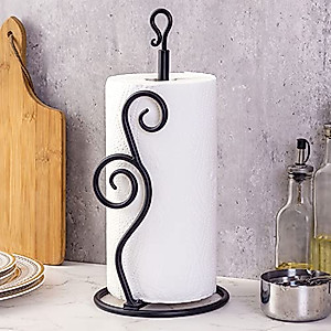 MyGift Matte Black Metal Paper Towel Holder Countertop Standing Paper Towel Roll Dispenser for Kitchen Bathroom with Vintage Scrollwork Design