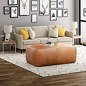 POLY & BARK Denver Leather Ottoman in Full-Grain Pure-Aniline Italian Tanned Leather in Cognac Tan