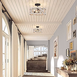 Farmhouse Wood Semi Flush Mount Ceiling Light, Distressed White Vintage Drum Close to Ceiling Light Fixture for Bedroom, Hallway, Kitchen, Dining & Living Room, Foyer and Bathroom