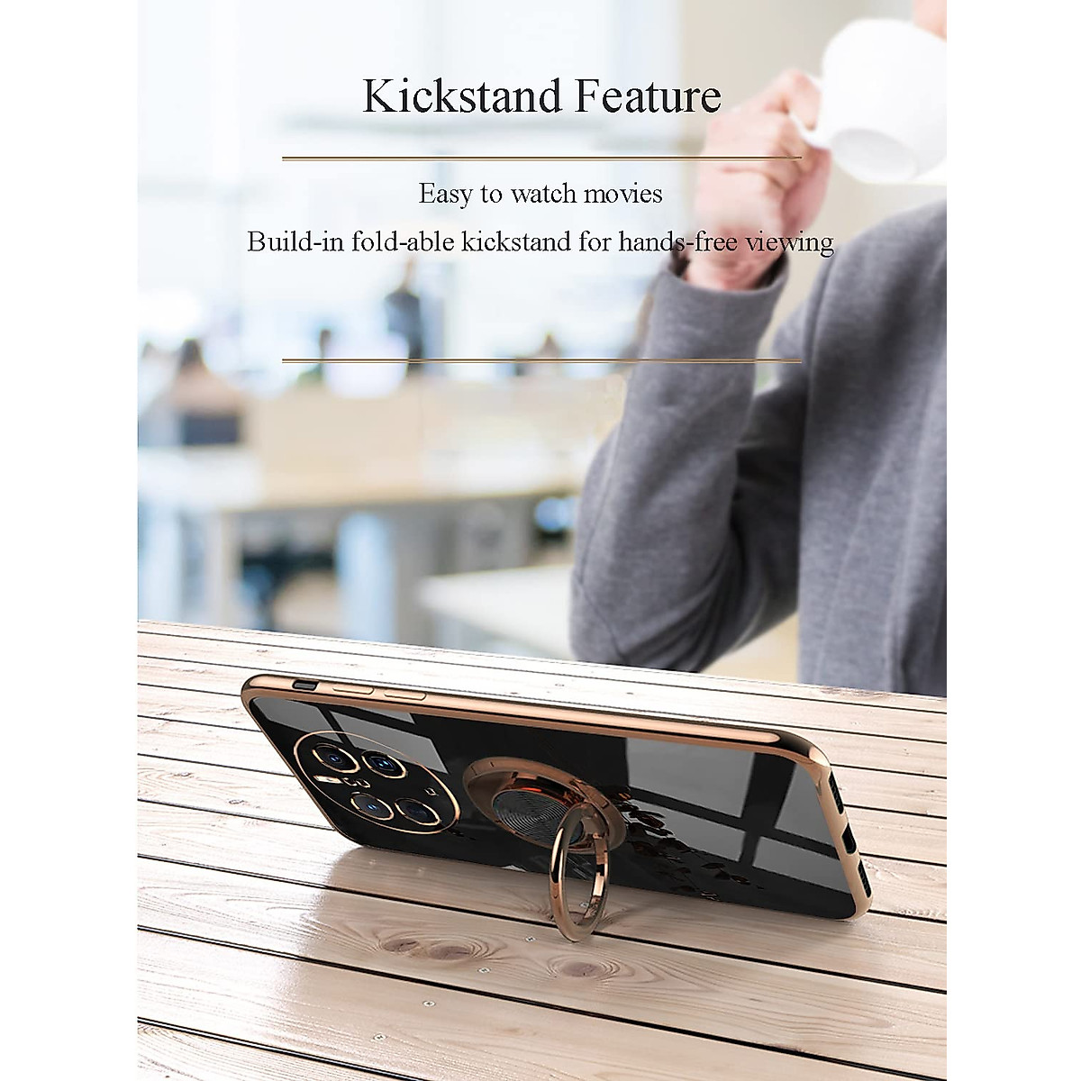 Yarxiawin Compatible with Huawei Mate 50 Pro Case with Ring Holder Pink, Aesthetic Huawei Mate 50 Pro Phone Case Silicone Soft TPU Slim Cover Shockproof Luxury with Kickstand (Black)