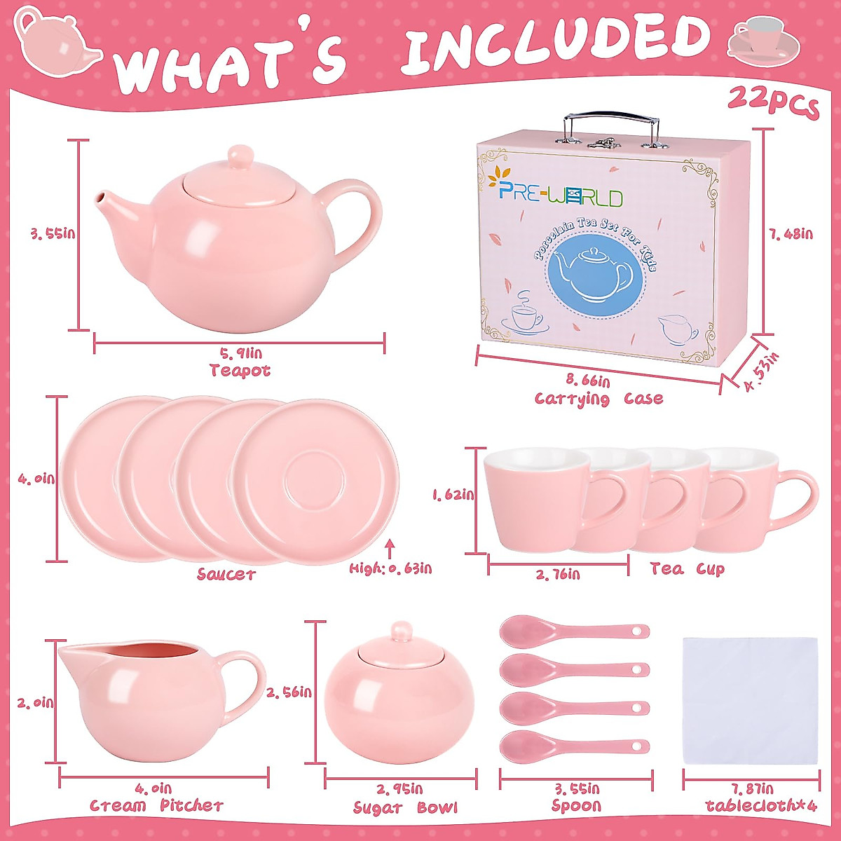 Porcelain Tea Party Set for Little Girls, 22Pcs Princess Tea Time Toy Including Teapot,Saucers,Teacups,Sugar Bowl,Creamer Pitcher,Spoons & Tablecloth, Kids Kitchen Pretend Play for Girls Boys