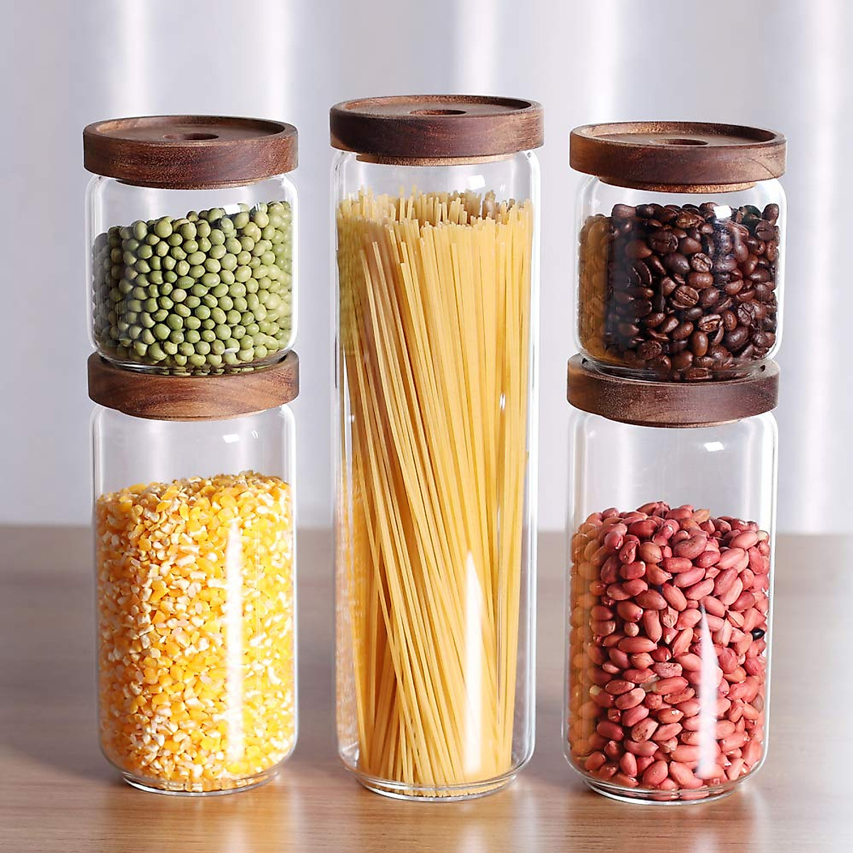Glass Canisters Set of 5 for the kitchen, Glass Storage Container jars with Airtight Acacia Lid for Coffee Beans, Flour, Sugar, Rice and Spaghetti and etc