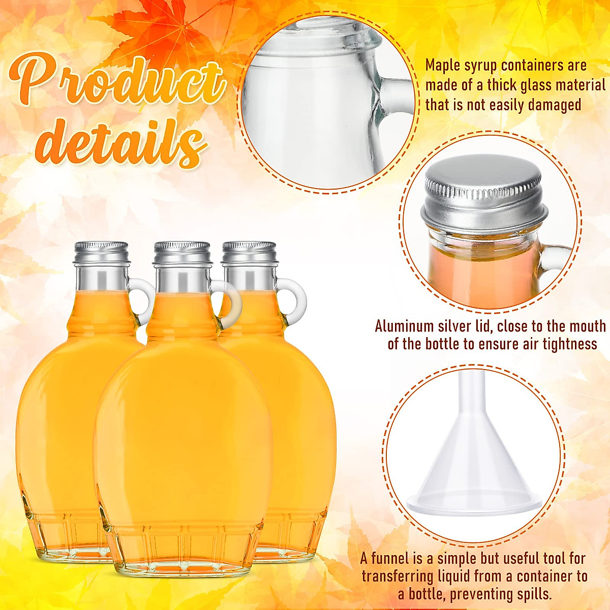 meekoo 24 Pieces 8 oz Glass Syrup Bottles with Aluminum Lid and Loop Handle Glass Maple Syrup Bottles Maple Syrup Jars Syrup Container with 4 Funnels for Potion Juice Milk Storage Gift Sauce Oil