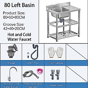 Free Standing Commercial Restaurant Kitchen Sink,Commercial/Industrial Sink,Stainless Steel Utility Sink w/Faucet, Stainless Steel 1 Compartment Utility Sink ( Color : Hot and cold , Size : LEFT_80*50