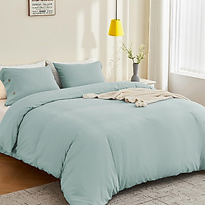 MILDLY 100% Washed Cotton Queen Duvet Cover Set, Linen Like Textured Natural 3 Pieces Luxury Soft Teal Duvet Cover, Bedding Sets Queen Size 3pcs with Zipper Closure (No Comforter)
