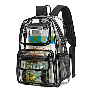 Maod Clear Backpack Stadium Approved Heavy Duty for School Kids Large PVC Transparent Bookbags with Padded Shoulders (Black)