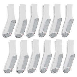 Hanes Mens Double Tough Socks, 12-pair Pack Crew Socks, White/Grey Foot Bottom, 6-12