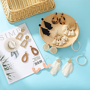 9 Pairs Rattan Earrings Tassel Woven Bohemian Earrings Straw Earrings Lightweight Acrylic Pearl Hoop Earrings Handmade Wicker Braid Drop Dangle Statement Earrings for Women