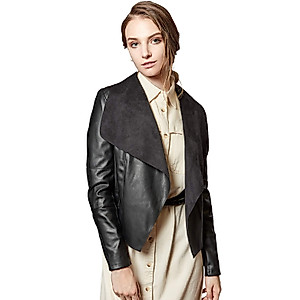 Escalier Women's Faux Leather Jackets Slim Open Front Lapel Blazer Jackets Black Medium