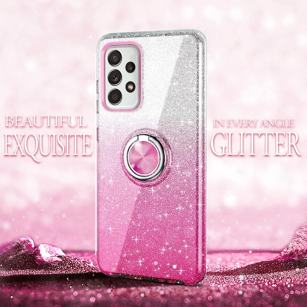 PeeTep Galaxy A52 5G Case for Girls Women, Slim Fit Glitter Sparkly Case with 360°Ring Holder Kickstand Magnetic Car Mount Shock-Absorbent Protective Sturdy Cover,Pink
