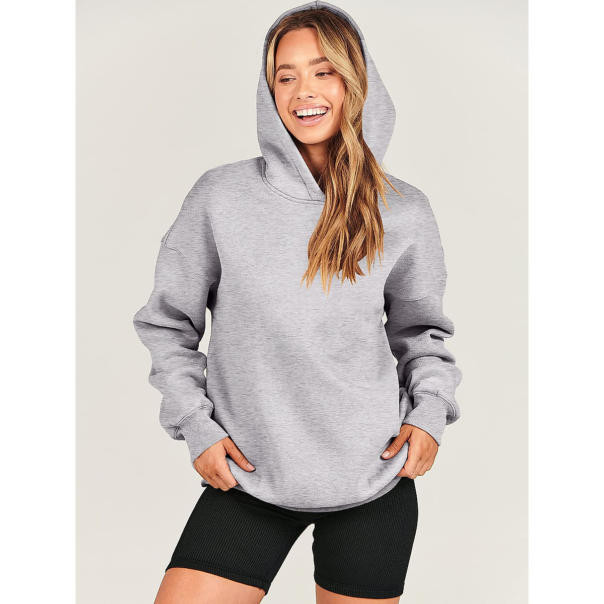 ANRABESS Women's Oversized Hoodies Long Sleeve Fleece Sweatshirts Solid Casual Hooded Pullover Loose Lightweight Fall Tops Clothes Grey A1023qianhuahui-L