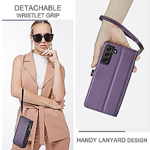 Strapurs Compatible with Samsung Galaxy S22 Wallet Case, for Galaxy S22 Case Wallet with Card Holder【RFID Blocking】 Zipper Wristlet PU Leather Magnetic Flip Folio Cover for Women and Men,Purple