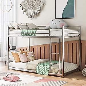 Heavy Duty Metal Twin Over Twin Low Bunk Bed for Bedroom, Small Living Space, Bunk Bed with Ladder and Full-Length Guardrail,Space-Saving Design,Low Bunk Bed for Boys and Girls Adults Teens (Silver)