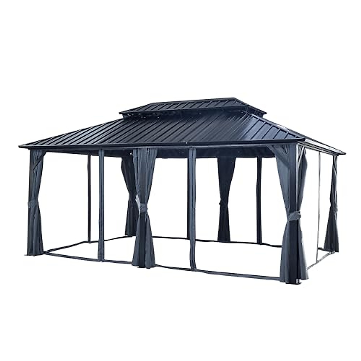 Goohome 12 x 18FT Hardtop Gazebo, Aluminum Frame Double Roof Canopy with Mosquito Net and Curtains, Outdoor Permanent Hard Top Waterproof Pergola for Shade and Rain for Lawn, Backyard, Patio