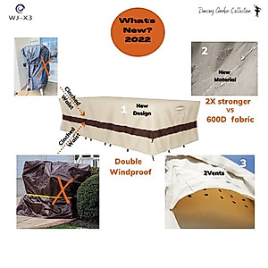 WJ-X3 Rectangular Outdoor Table Cover, Heavy Duty Furniture Cover waterproof, High Wind Resistant Design for Patio Furniture 108W x 83D x 28H Inches, Beige & Coffee